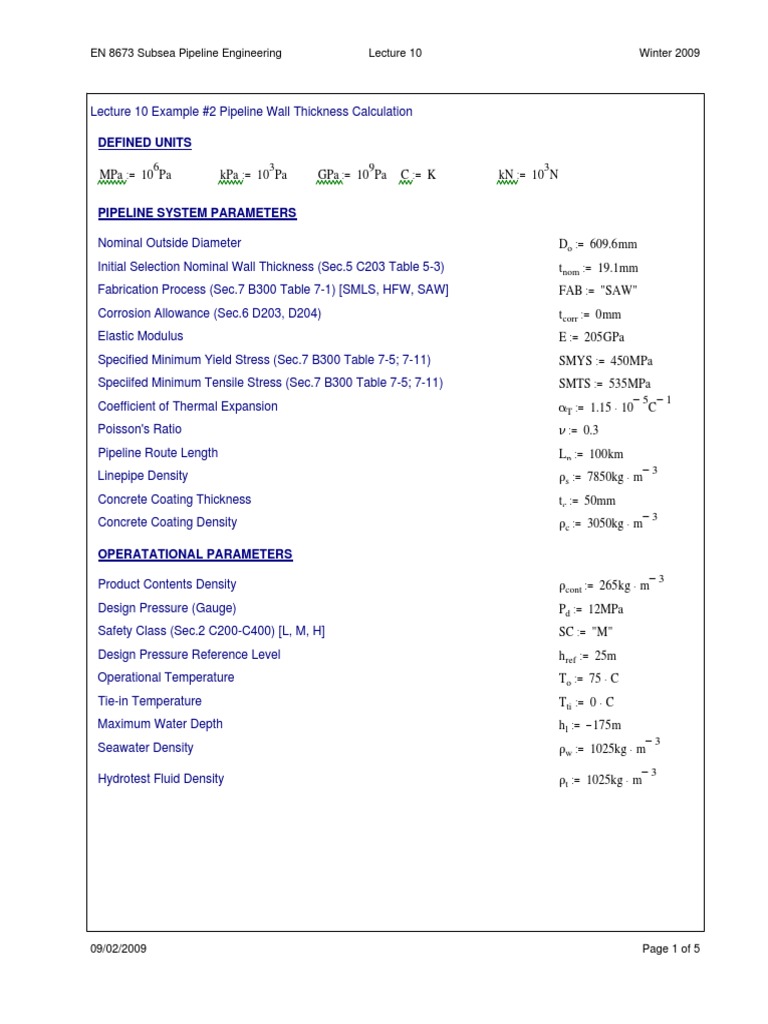 Pipeline Wall Thickness Calculation DNV OS 101 | PDF | Pascal (Unit) | Young's Modulus