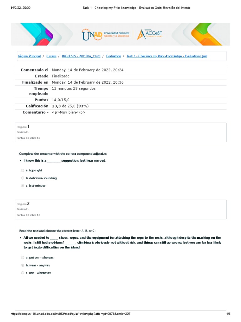 Task 1 - Checking My Prior-Knowledge - Evaluation Quiz - Revisión Del ...