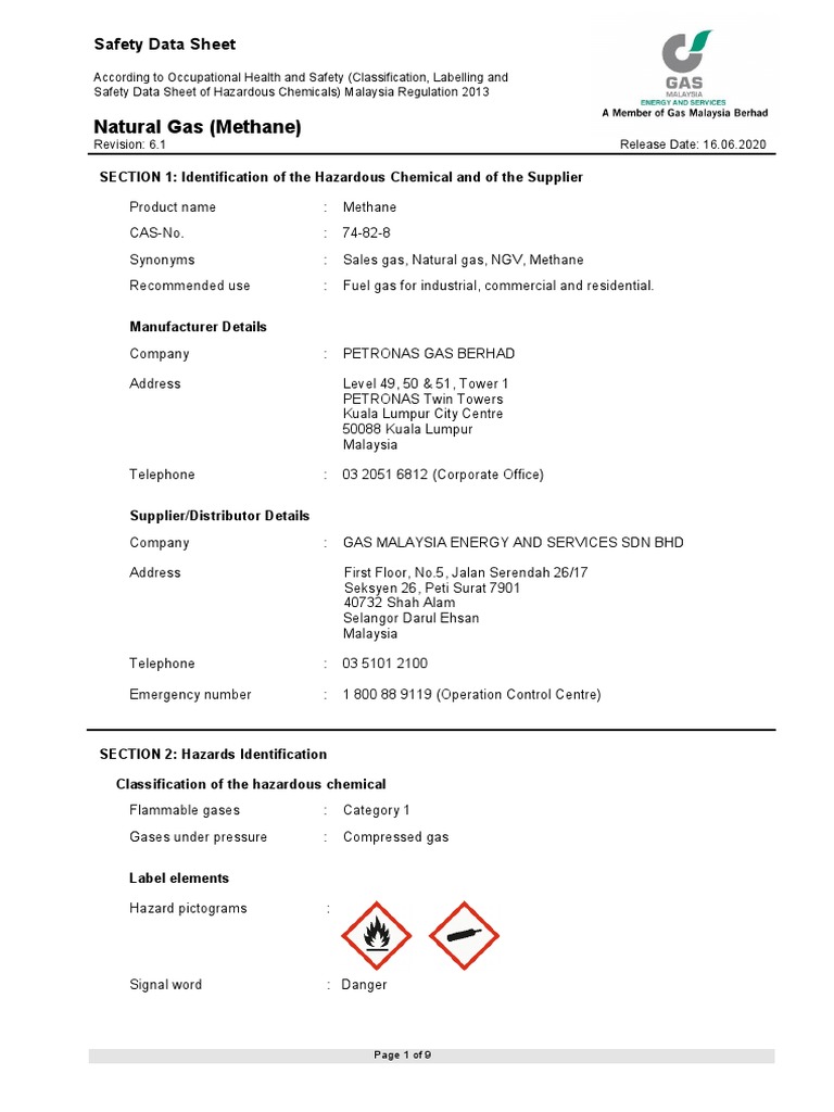 Natural Gas (Methane) : Safety Data Sheet | Download Free PDF ...