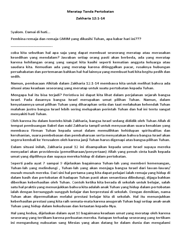 Meratap Tanda Pertobatan (NATS KHOTBAH) | PDF