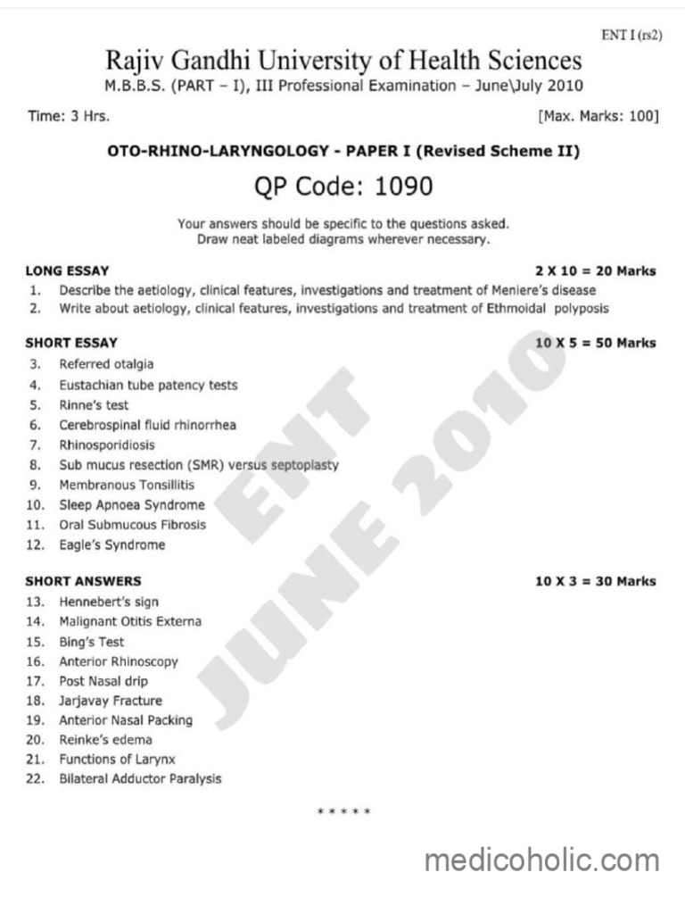 3rd Year MBBS Question Papers RGUHS Otorhinolaryngology ENT | PDF