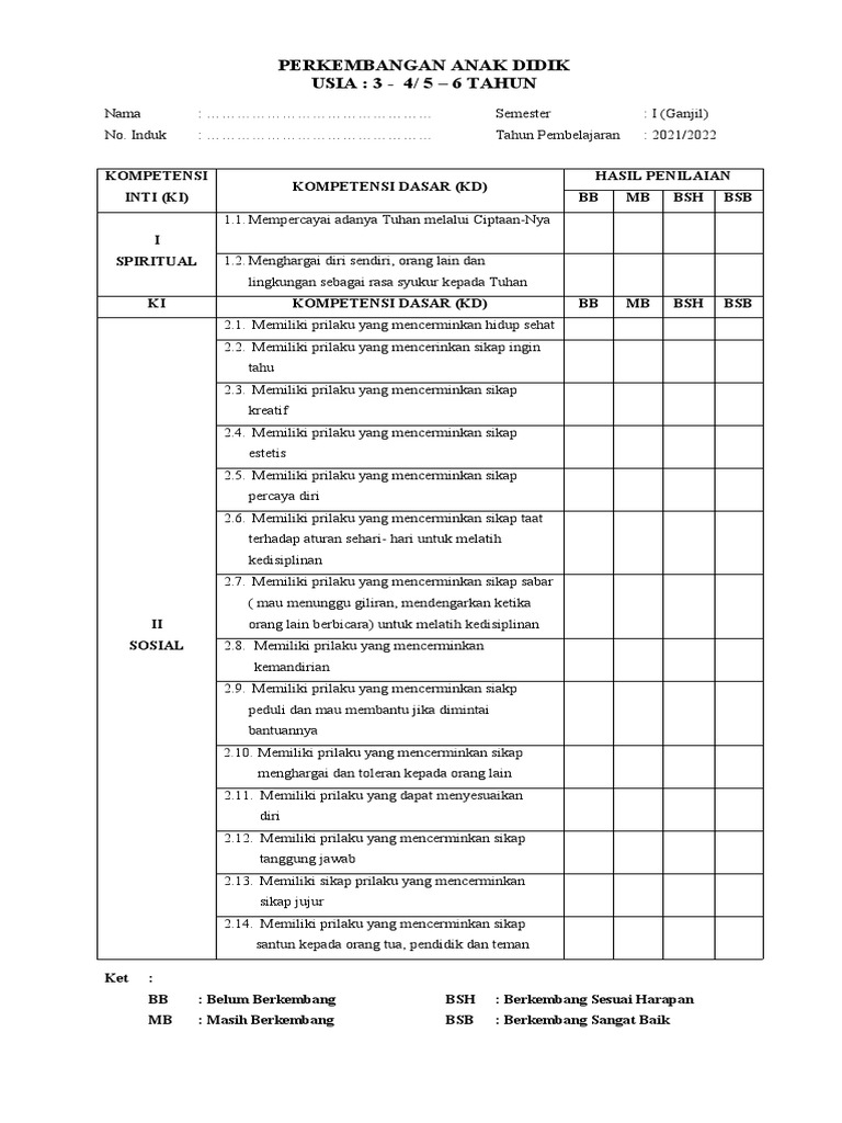 RAPOT PAUD KB Semester I Ganjil 2021-2022 | PDF