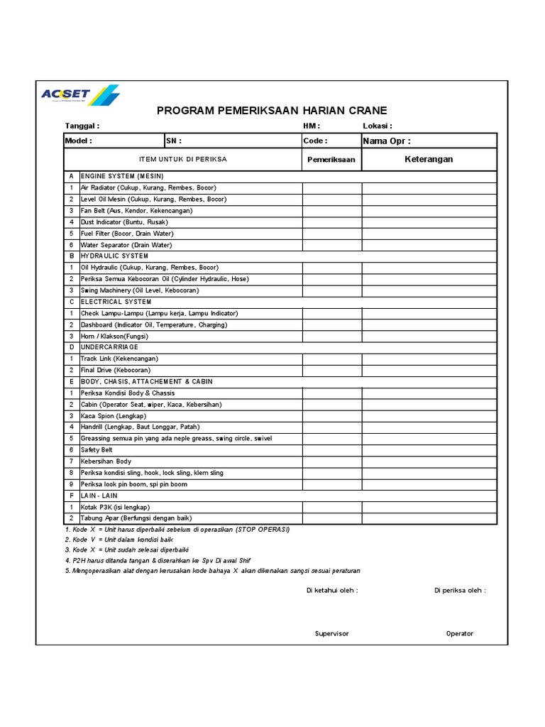 Form Program Pemeriksaan Harian (p2h) Crane | PDF