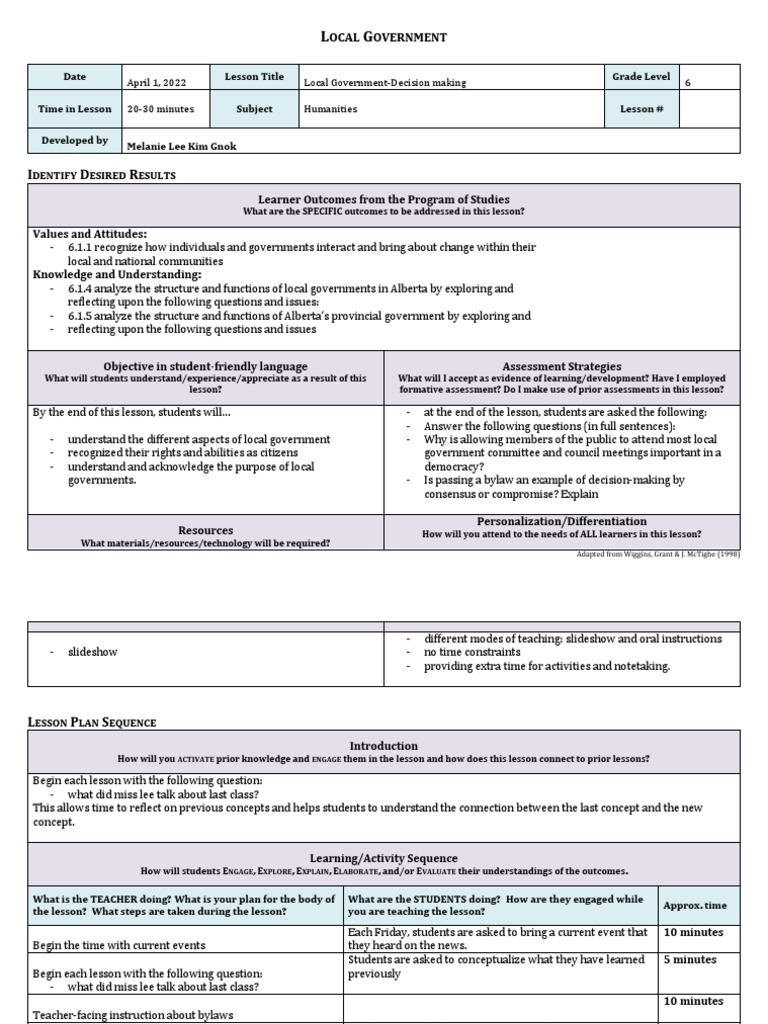 Local Government Lesson Plan | PDF | Learning | Psychology