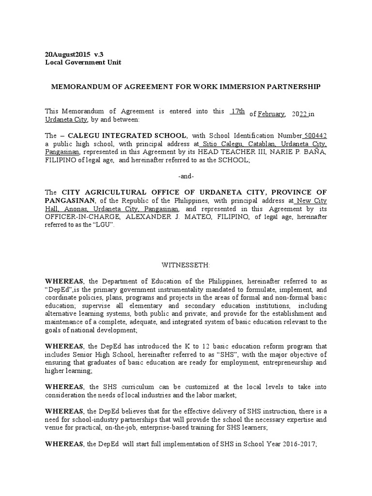 Work Immersion - MOA - LGU | PDF