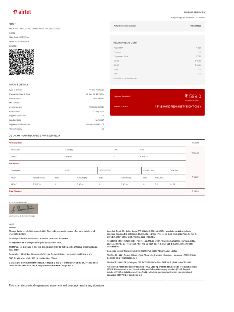 Mobile Recharge Receipt for Ankit with Details of Transaction ID, Date ...
