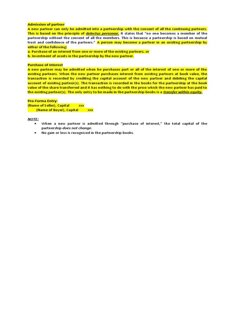 Admission of New Partner by Purchase of Interest | PDF