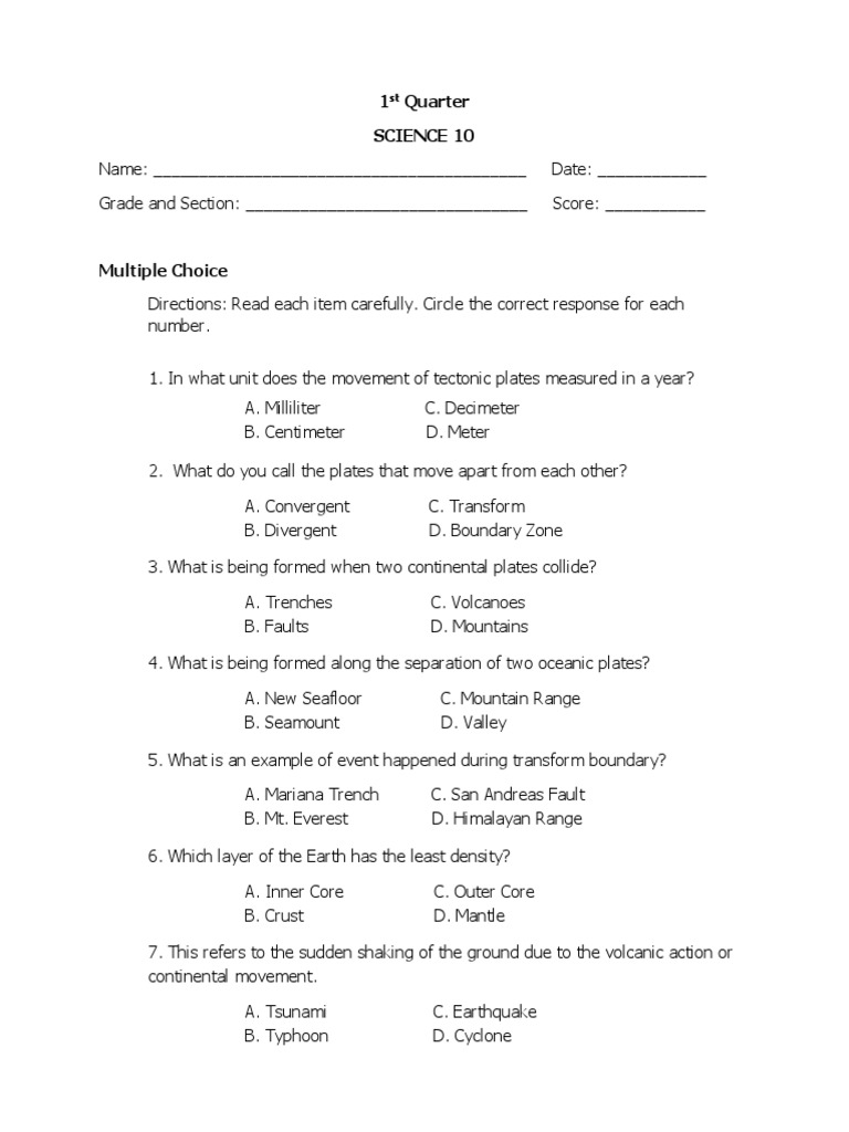 Grade 8 Plate Tectonics Quiz | PDF | Plate Tectonics | Earth