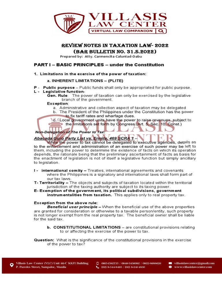 Prof. Dabu - Review Notes in Taxation | PDF