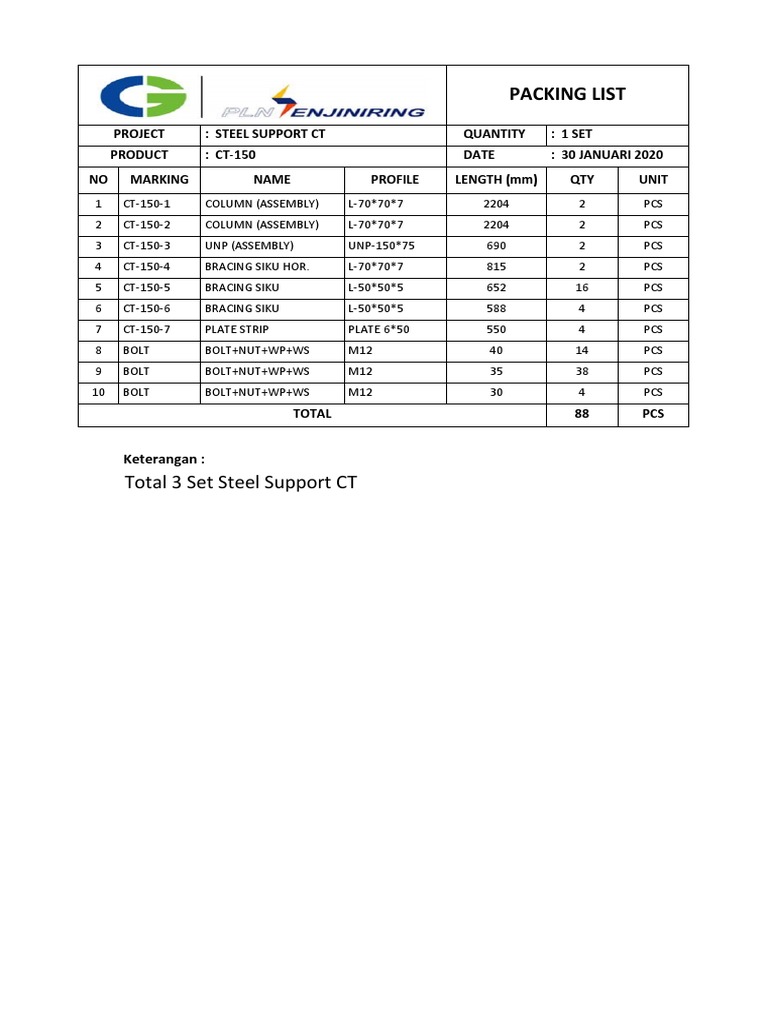 Steel Support Packing Lists | PDF