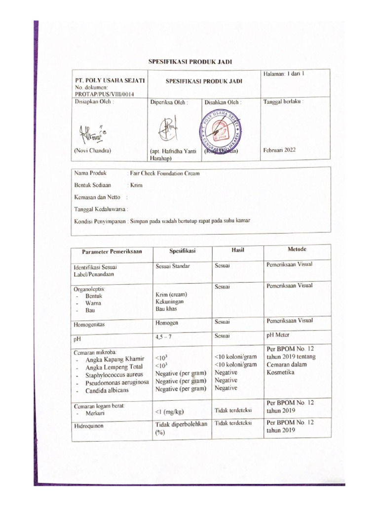 Spesifikasi Produk Jadi | PDF