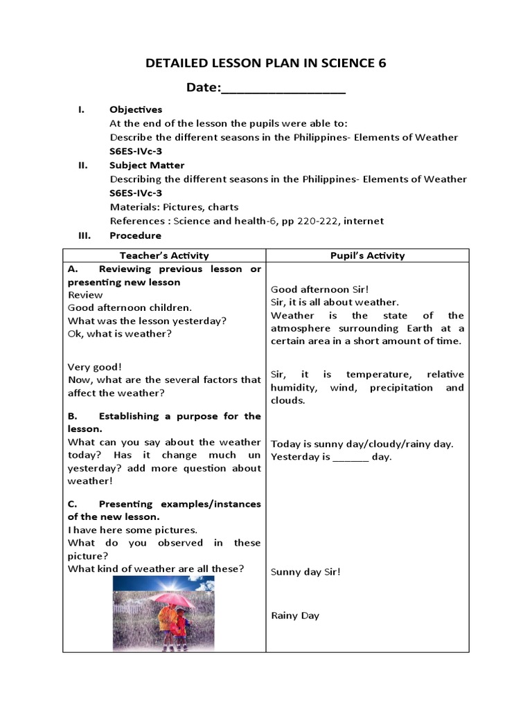 Detailed Lesson Plan in Science 6 Date | PDF | Weather | Climate