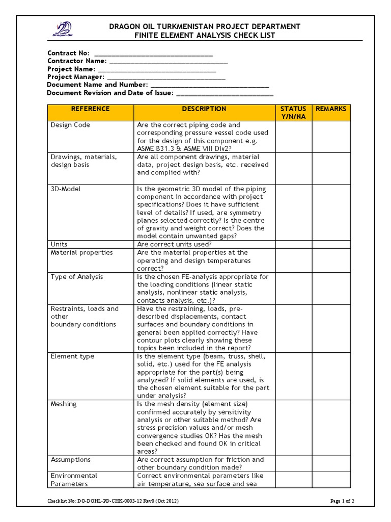 DO-DOHL-PD-CHK-0003-14 Rev0 (Finite Element Analysis Checklist) | PDF ...
