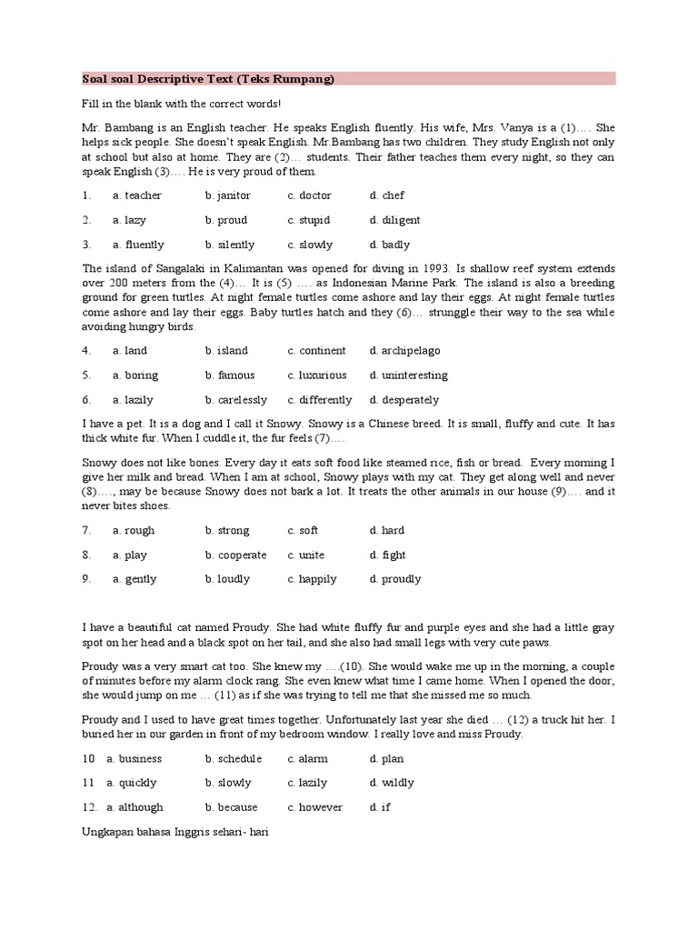 Soal Soal Descriptive Text (Teks Rumpang) | PDF