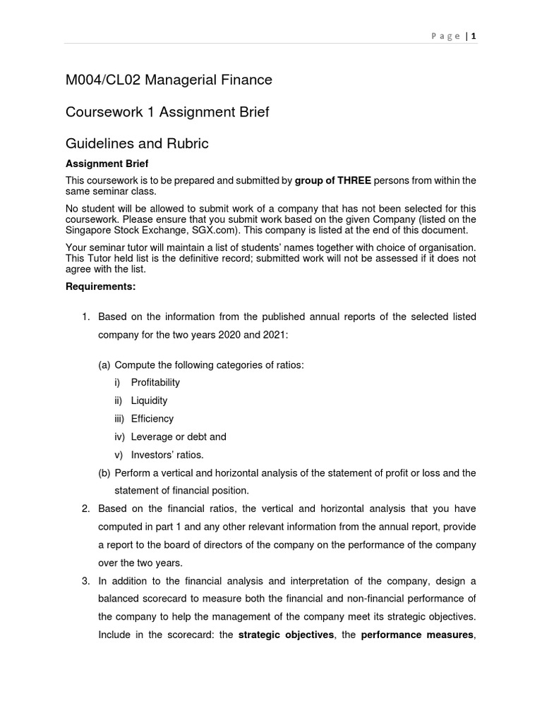 M004/CL02 Managerial Finance Coursework 1 Assignment Brief Guidelines ... M004/CL02 Managerial Finance Coursework 1 Assignment Brief Guidelines ...