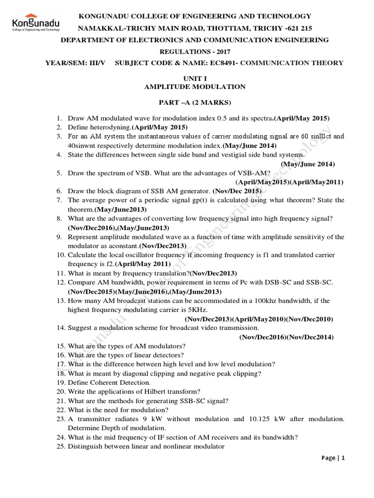 Ec8491 Communication Theory | PDF | Frequency Modulation | Modulation