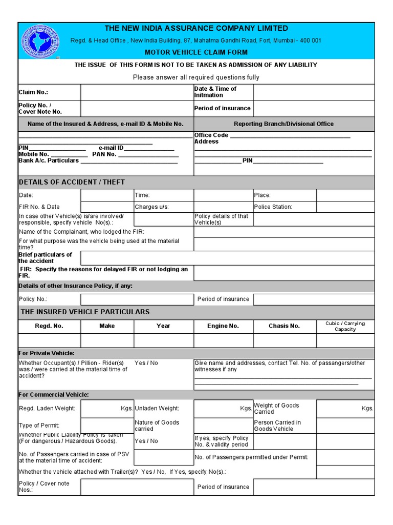 New India Claim Form | PDF