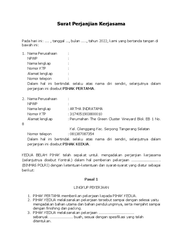 Draft Kontrak Kerjasama | PDF