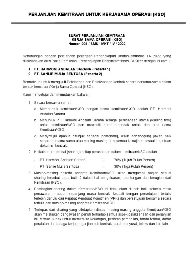 Perjanjian Kemitraan Untuk Kerjasama Operasi (Kso) | PDF