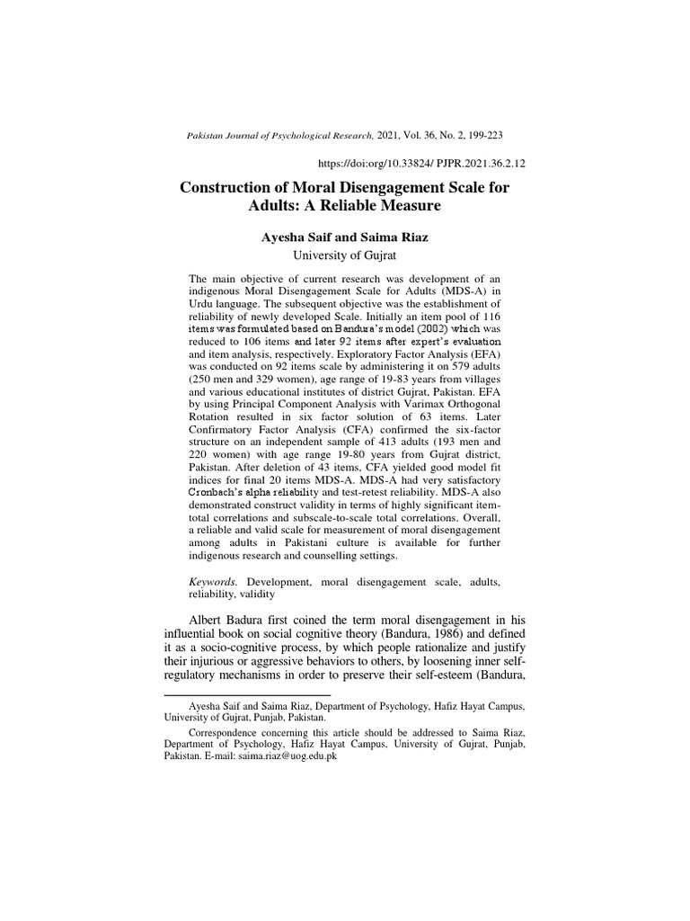 View of Construction of Moral Disengagement Scale For Adults | PDF