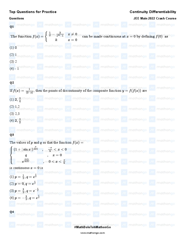 Question DPP Continuity Differentiability Mathongo Jee Main 2022 Crash Course | PDF | Function ...
