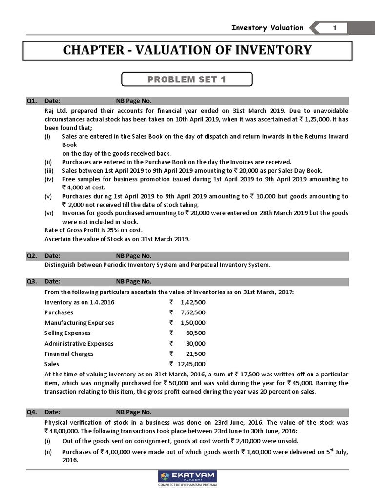 CH 04 - Inventory Valuation - QRM - Que Set-1 | PDF | Finance & Money ...