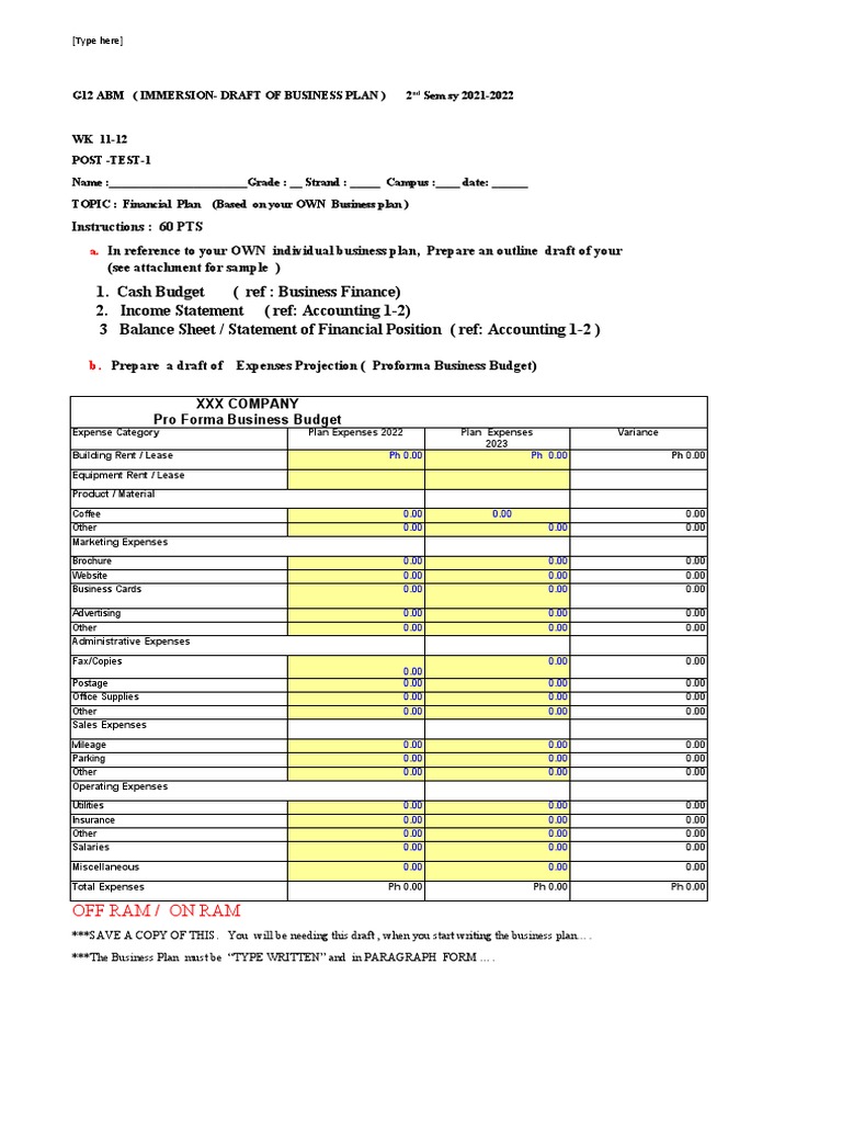 Rdm5sgn4e - WK 11-12 POST-TEST-1 ABM IMMERSION (FINANCIAL PLAN SECTION ...