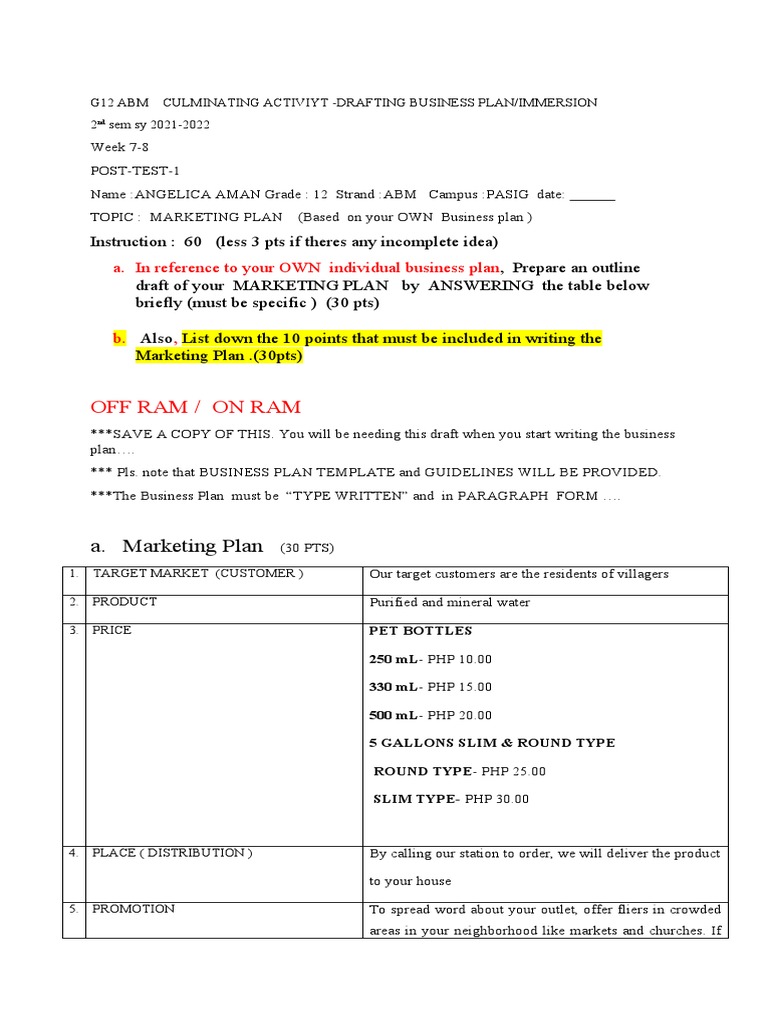 WK 7-8 Post Test-1 Marketing Plan Out Line | PDF | Sales | Marketing