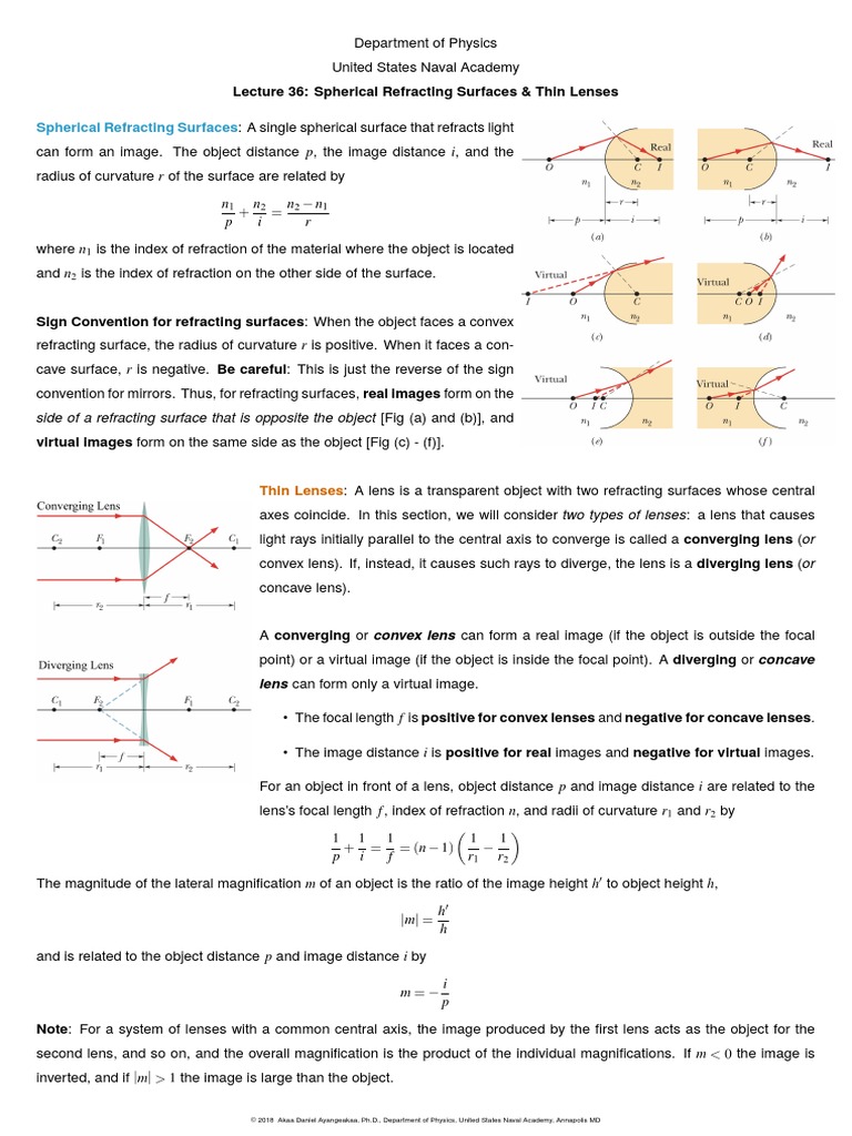 Lecture 36: Spherical Refracting Surfaces & Thin Lenses | PDF | Optics ...