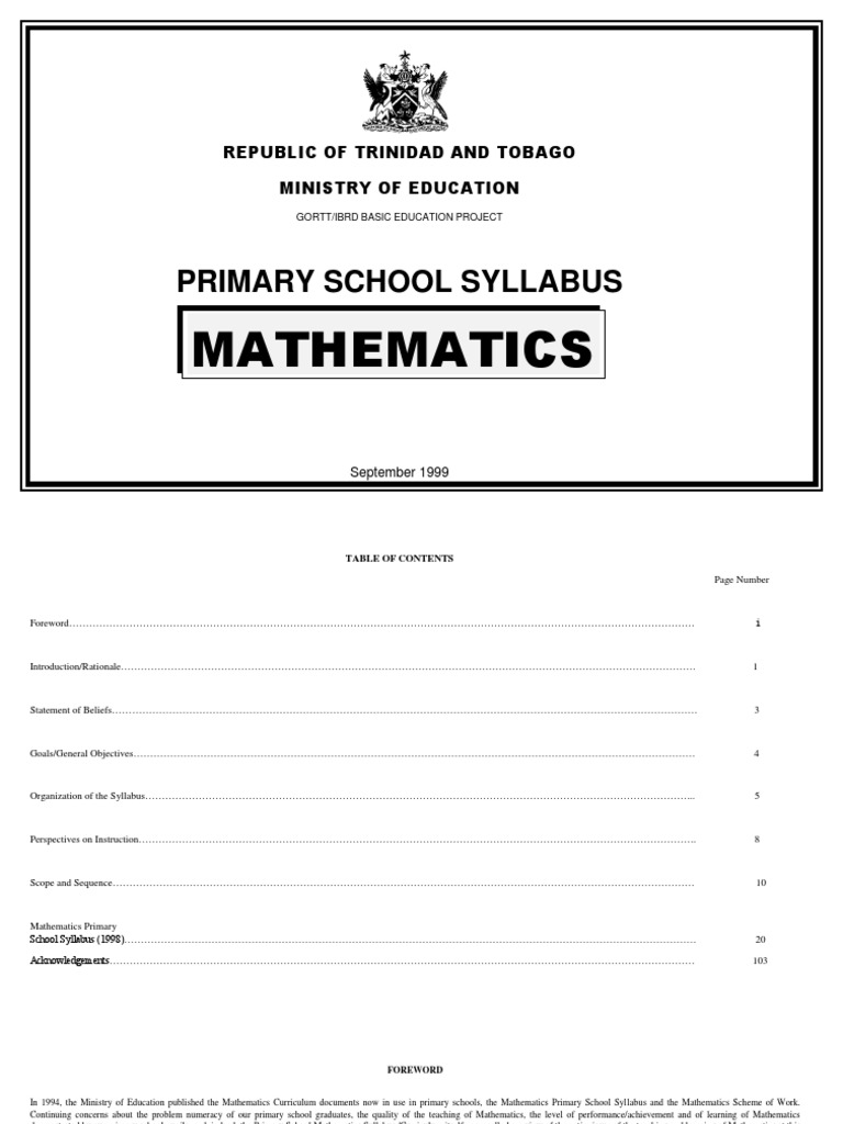 Trinidad and Tobago Maths Primary School Curriculum | PDF