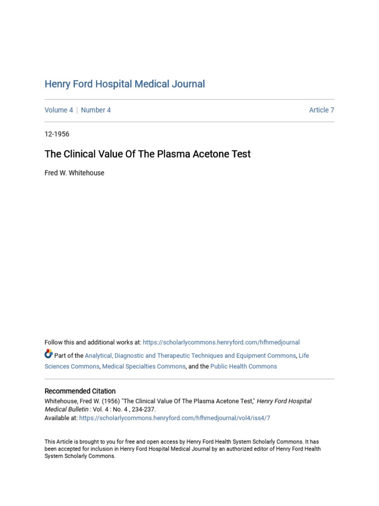 The Clinical Value of The Plasma Acetone Test | PDF