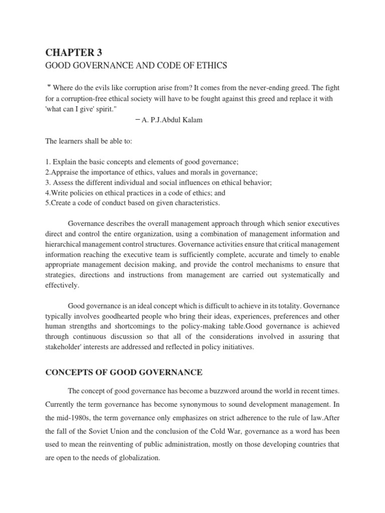 Chapter 3 - Good Governance and Code of Ethics | PDF