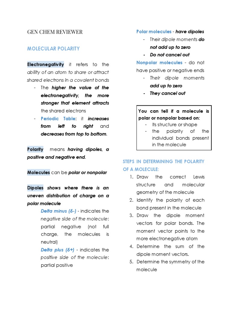 Gen Chem Reviewer | PDF | Chemical Polarity | Intermolecular Force