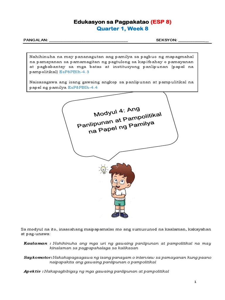 ESP8 - Q1 - Wk8 - Panlipunan at Pampolitikal Na Papel NG Pamilya | PDF