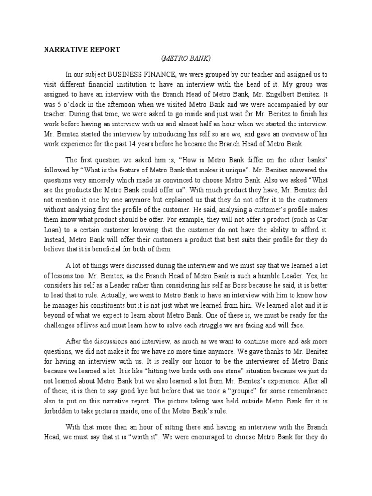 NARRATIVE REPORT. Metrobank | PDF