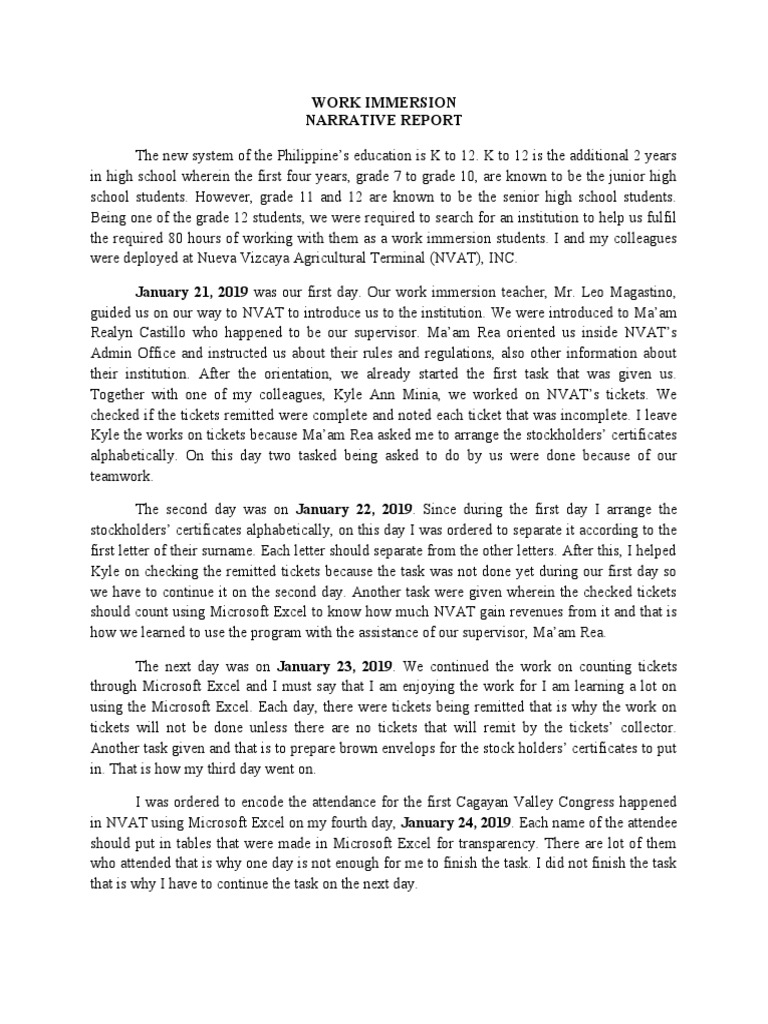 NARRATIVE REPORT. Immersion | PDF