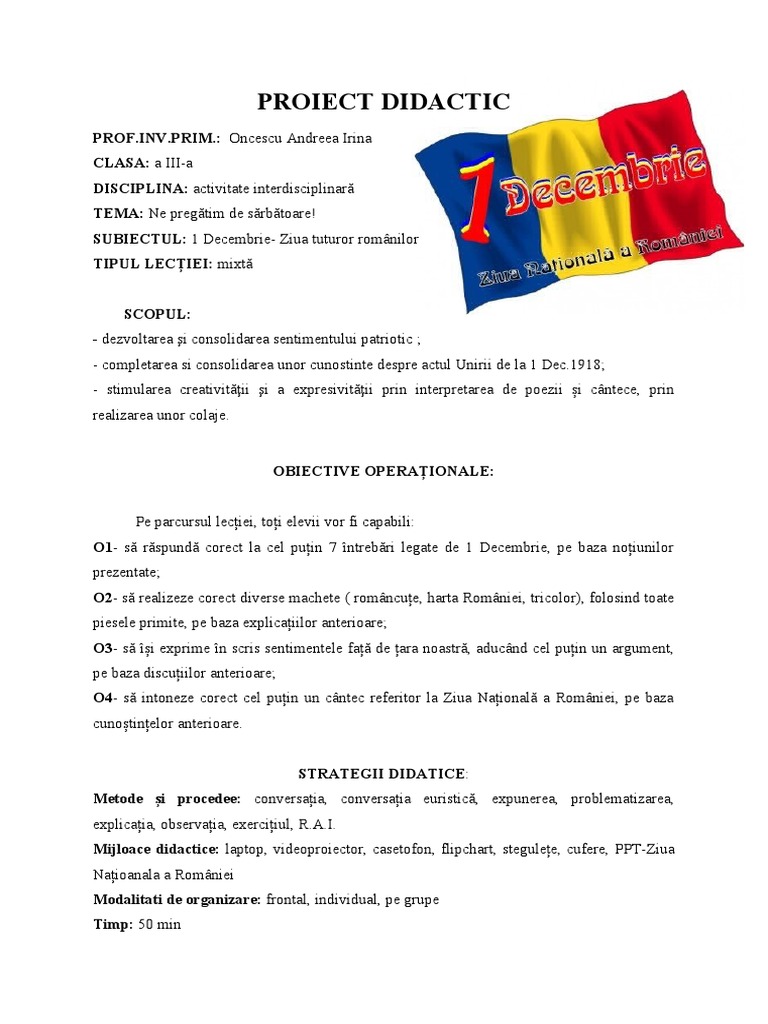 10 Proiect Didactic - Ziua Nationala A Romaniei | PDF
