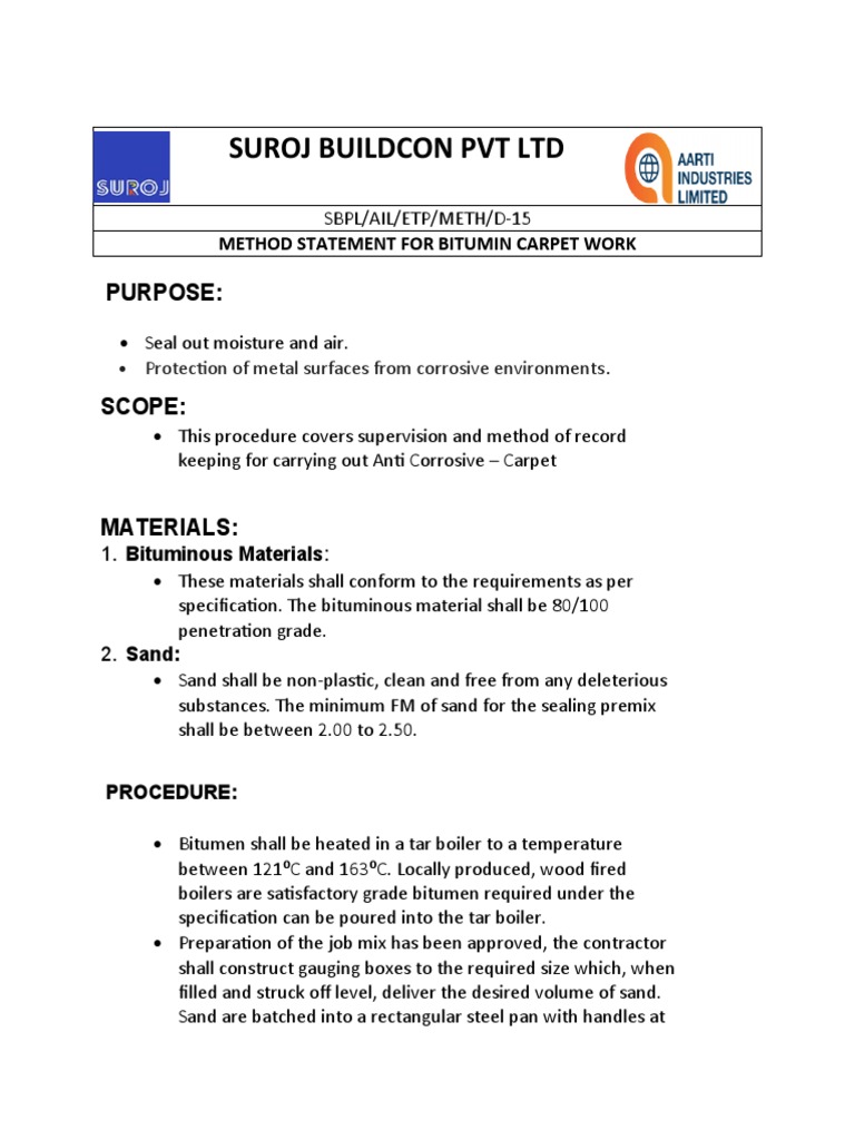 Method Statement for Bituminous Carpet Work | PDF | Asphalt | Corrosion