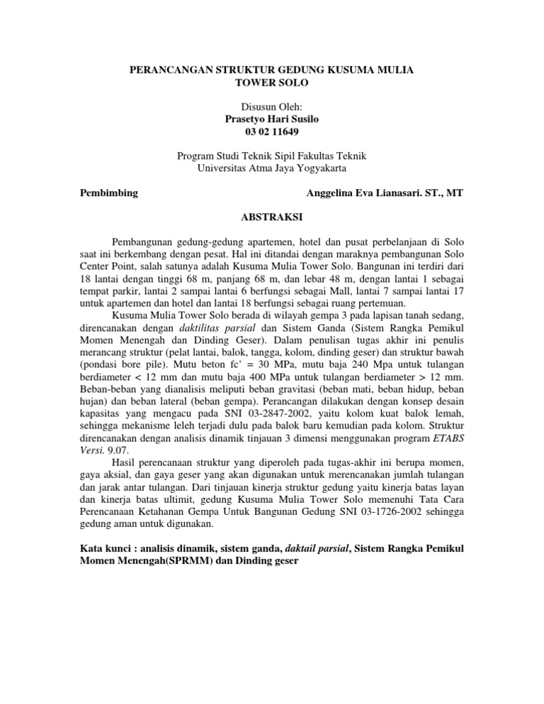 Perancangan Struktur Gedung Kusuma Mulia Tower Solo | PDF