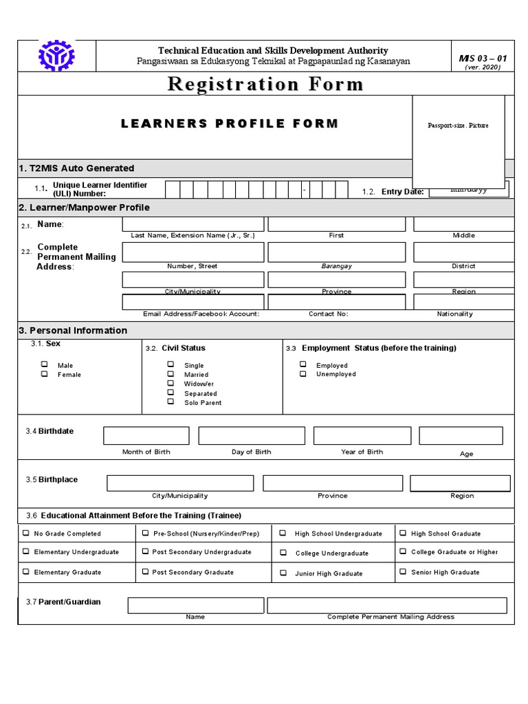 TESDA Learners Profile Form Guide | PDF | Disability