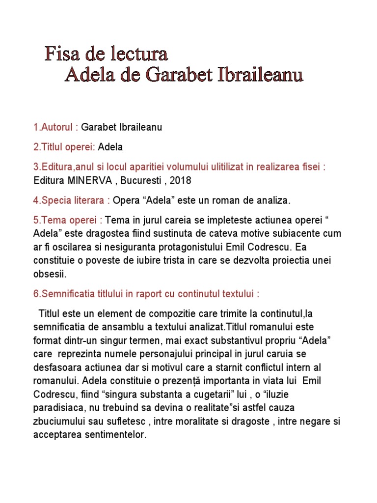 Fisa de Lectura-Adela de Garabet Ibraileanu | PDF