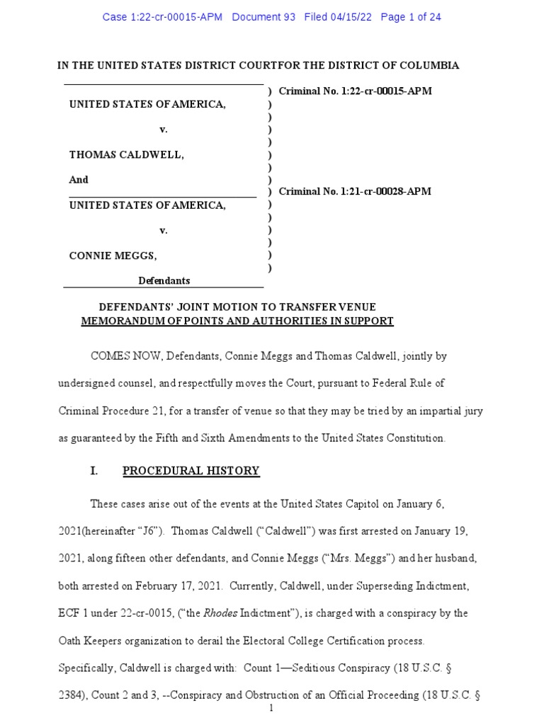 Motion To Transfer Venue Caldwell Meggs Joint Motion | PDF