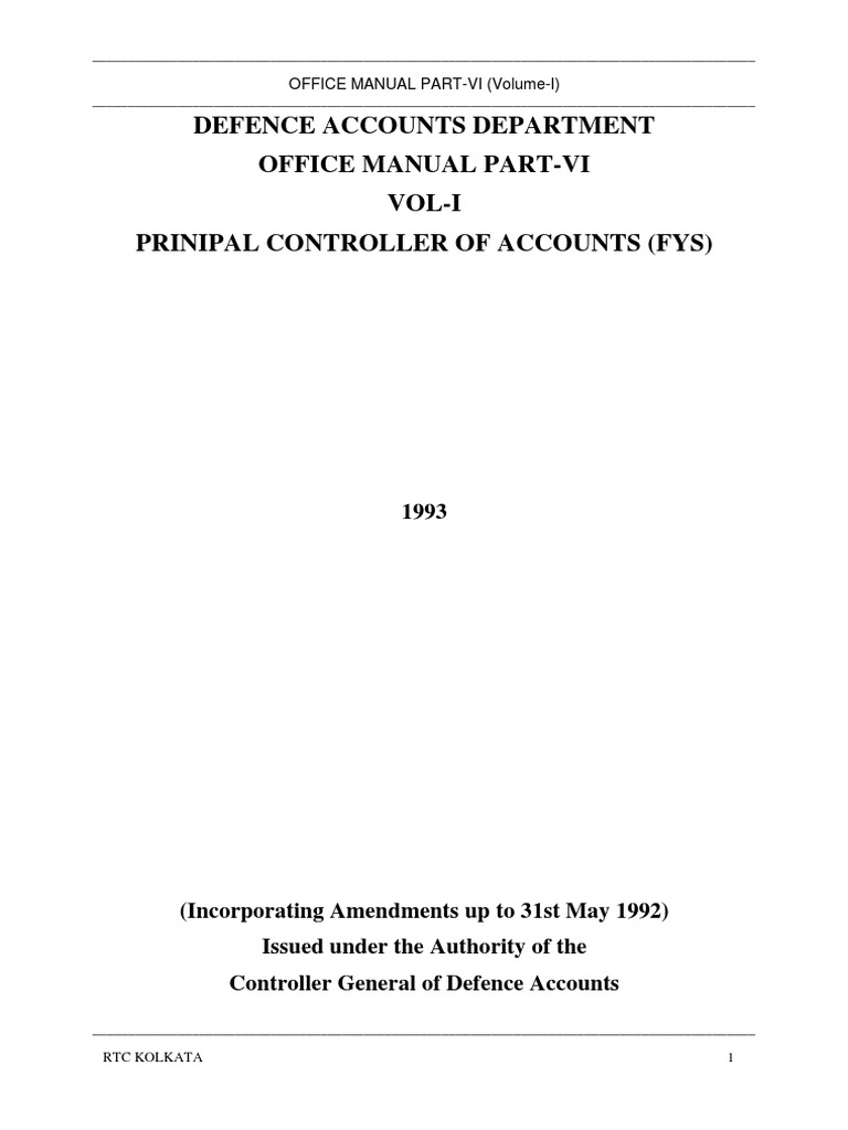 Defence Accounts Department Office Manual Part-Vi Vol-I Prinipal ...