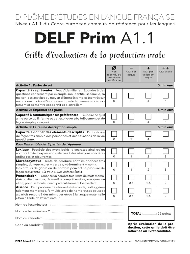 Grille Evaluation Production Orale Delf Prim A1 1 | PDF | Communication humaine | Cognition