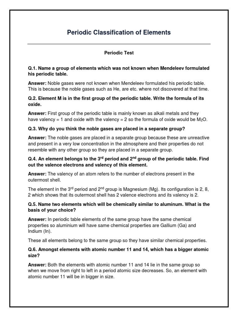 Periodic Classification of Elements Test | PDF | Periodic Table ...
