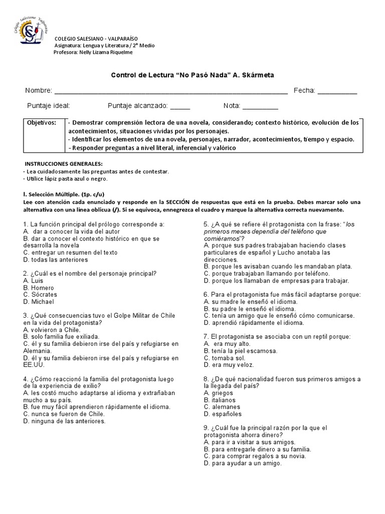 Control de Lectura No Pasó Nada | PDF