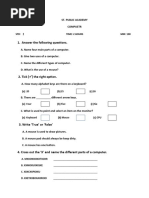 CBSE Class 1 Computer Science Worksheet - Parts of A Computer | PDF