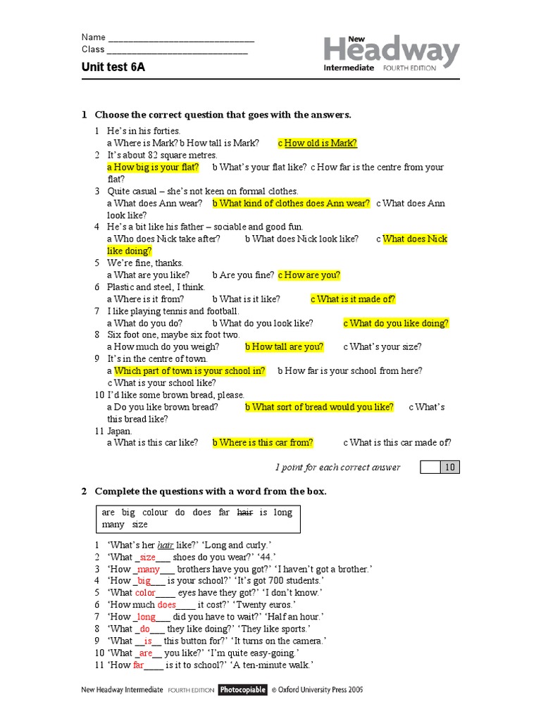 Unit Test 6A: 1 Choose The Correct Question That Goes With The Answers ...