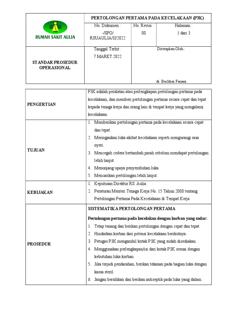 SOP - Pertolongan Pertama Pada Kecelakaan (P3K) | PDF