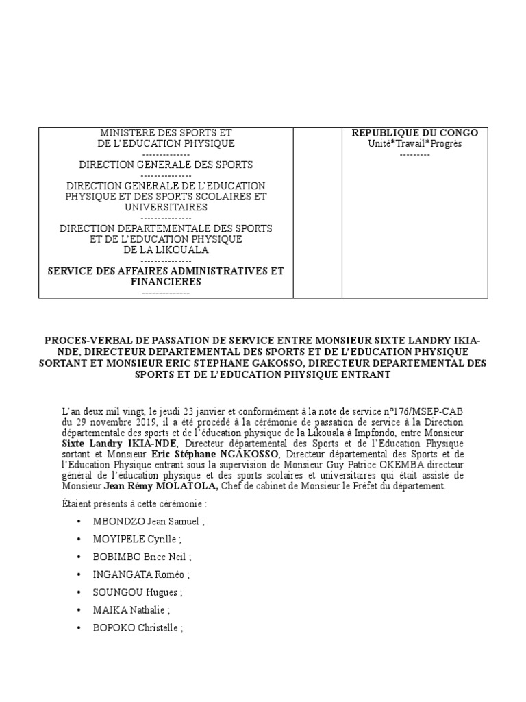 Procès-verbal de passation de service | PDF